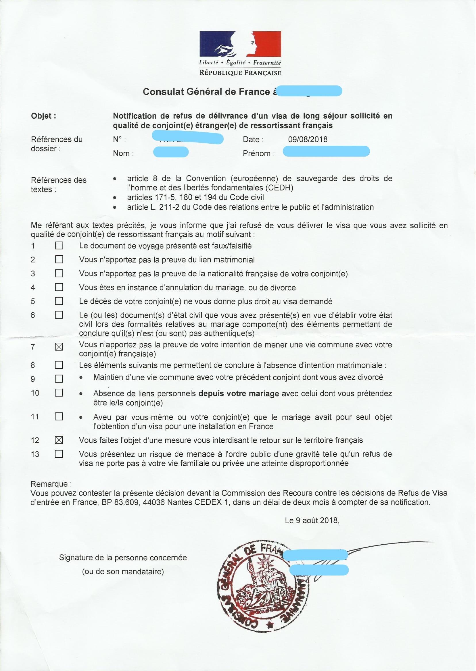 Refus de visa conjoint de français : explications de la décision